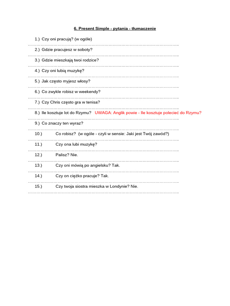 Present Simple - Pytania - Tłumaczenie | PDF