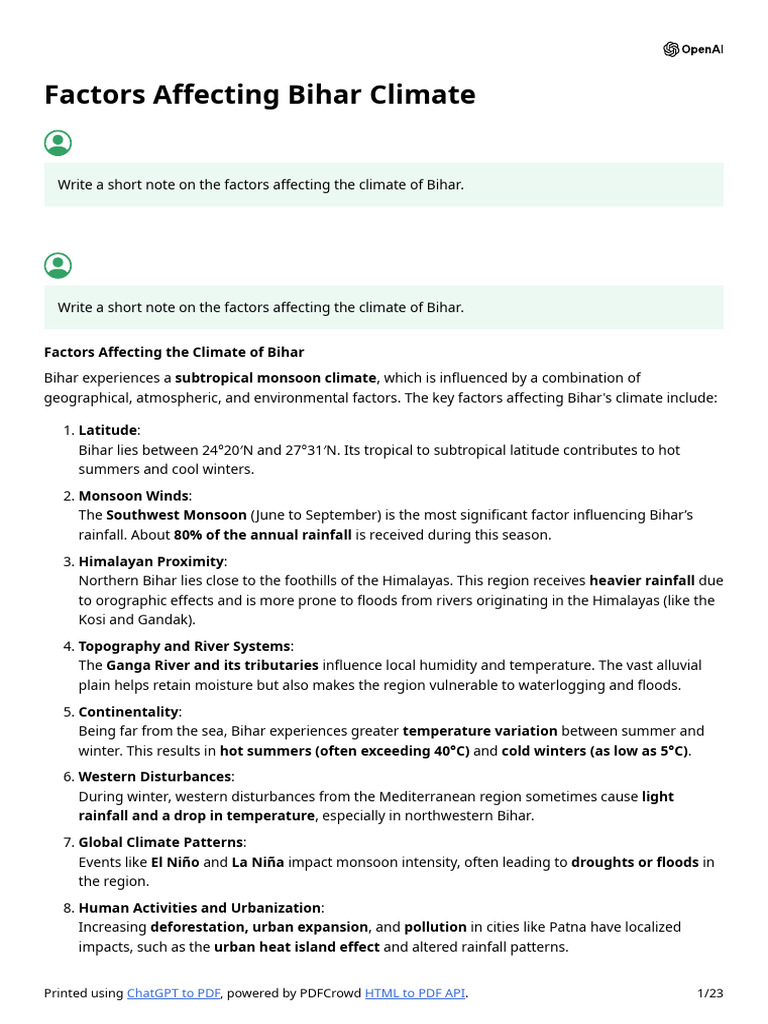 Factors Affecting Bihar Climate | PDF | Himalayas | Monsoon