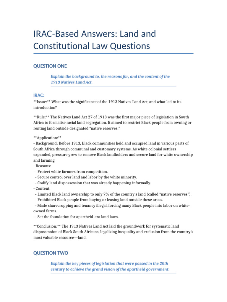 Land and Equality IRAC Answers | PDF | Apartheid | Racial Segregation