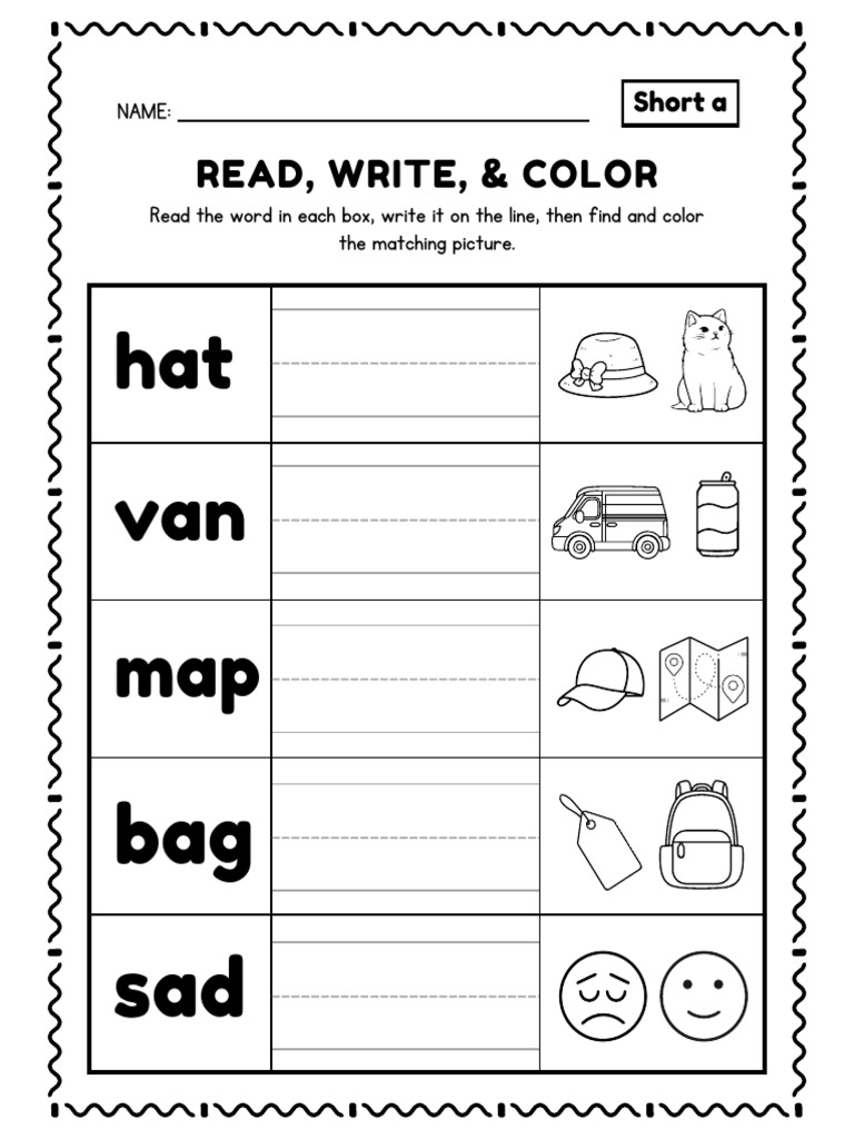 Literacy Short A (CVC) Read, Write, and Color Worksheet Black and White ...
