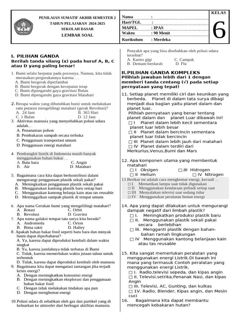 Master Soal Kls 6 Semes2 IPAS 24-25 | PDF