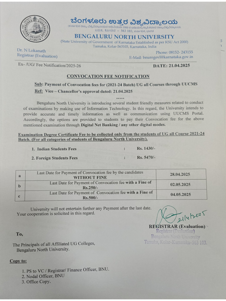 UG 2024 Batch Convocation fee Notification | PDF