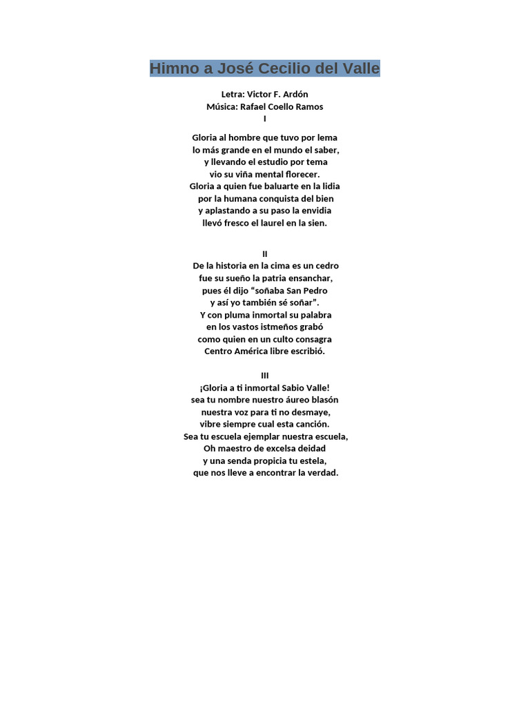 Himno A José Cecilio Del Valle | PDF
