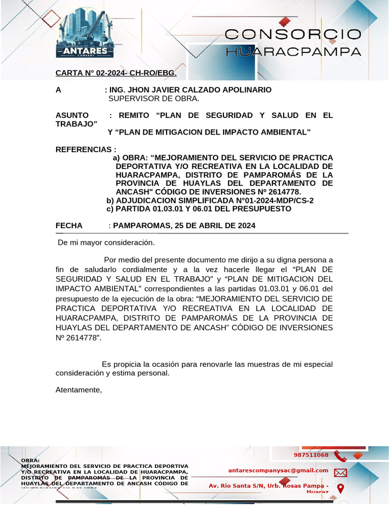 CARTA N°02 Plan de Mitagacion Ambiental y Plan de Seguridad SUPERV | PDF