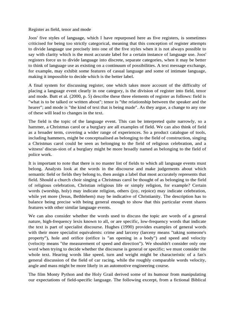 Register As Field, Tenor and Mode | PDF | Linguistics | Semantics