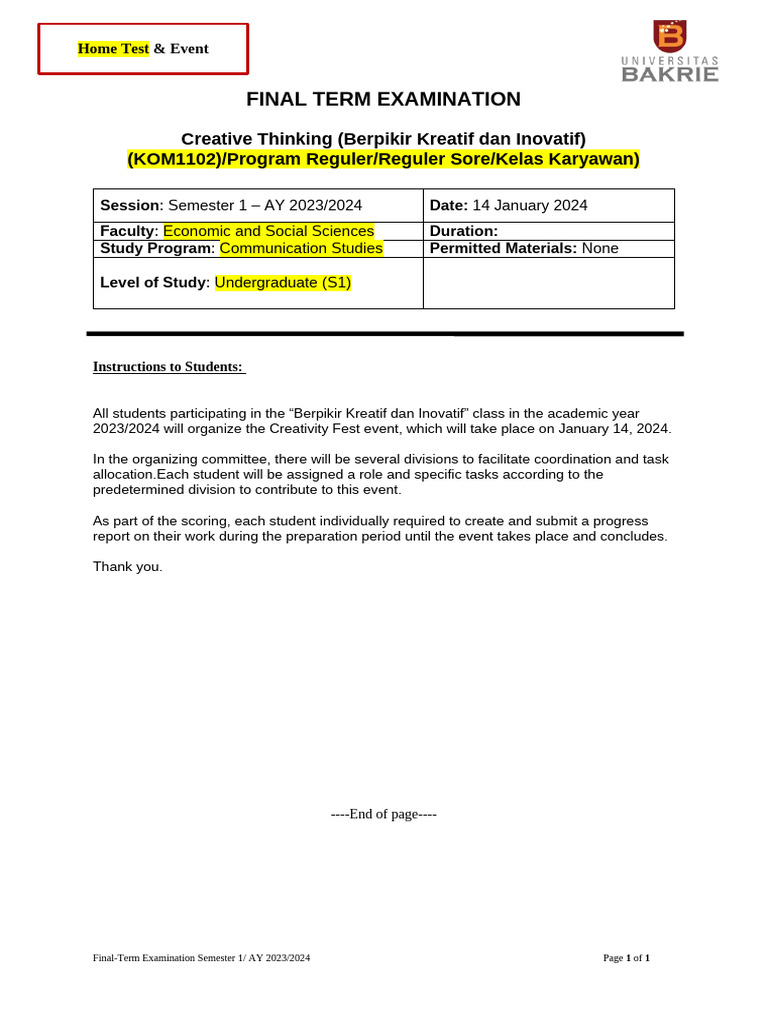Template Soal UAS NEW (Berpikir Kreatif & Inovatif (RegulerReguler SoreKelas Karyawan) | PDF