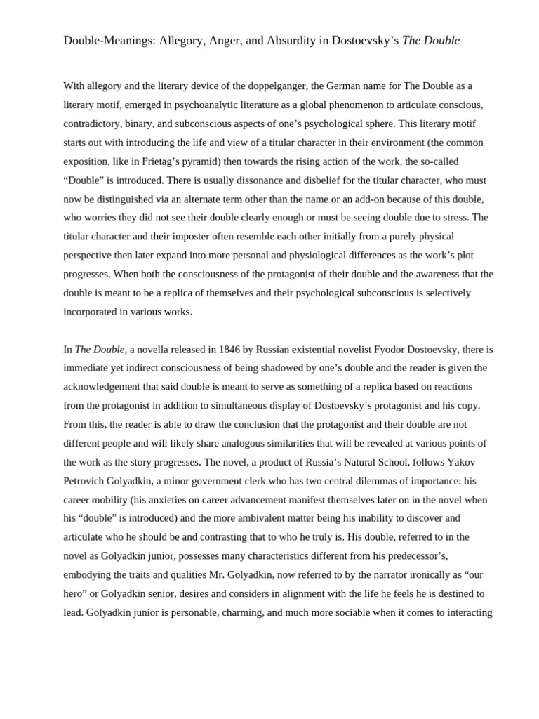 Double-Meanings - Allegory, Anger, and Absurdity in Dostoyevsky's The Double | PDF ...