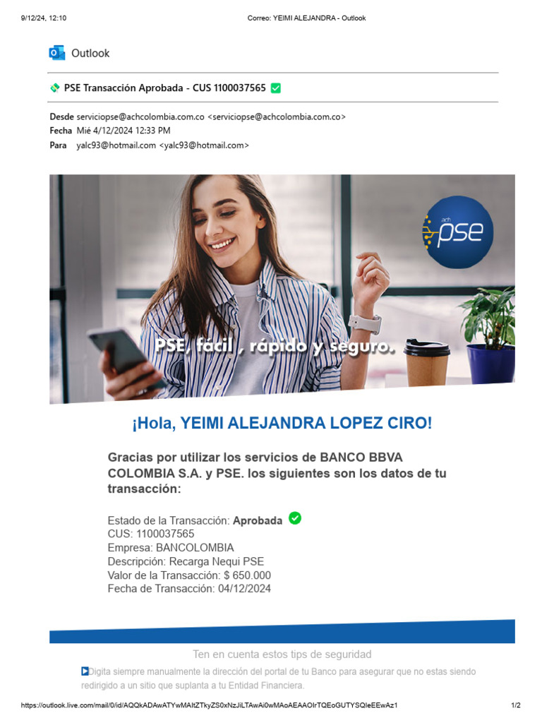 Transacción PSE Aprobada - Yeimi López | PDF