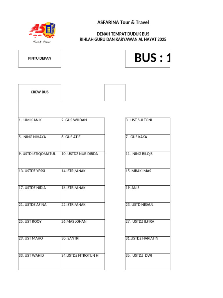 Asfarina - Denah Bus Rihlah Guru Karyawan 7 April 2025-3 | PDF