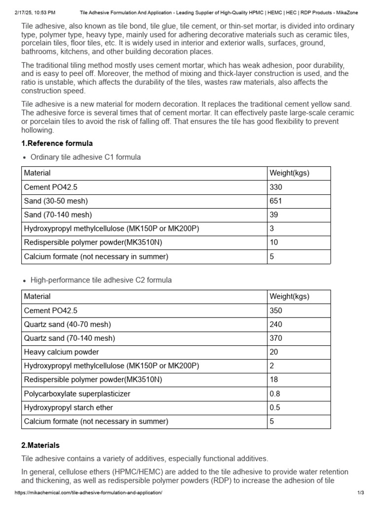 Tile Adhesive Formulation Guide | PDF | Adhesive | Tile