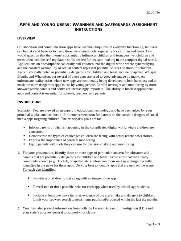 Apps and Young Users Warnings and Safeguards Assignment Instructions | PDF | Adolescence ...