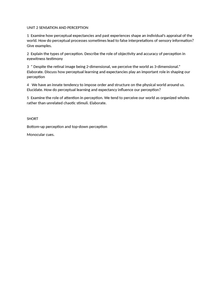 Unit 2 Sensation and Perception Pyq | PDF