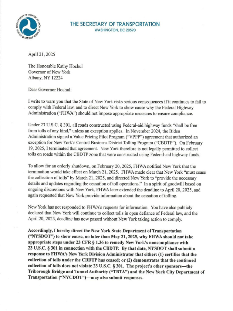 Transportation Secretary Sean Duffy's Letter To Hochul On Congestion ...