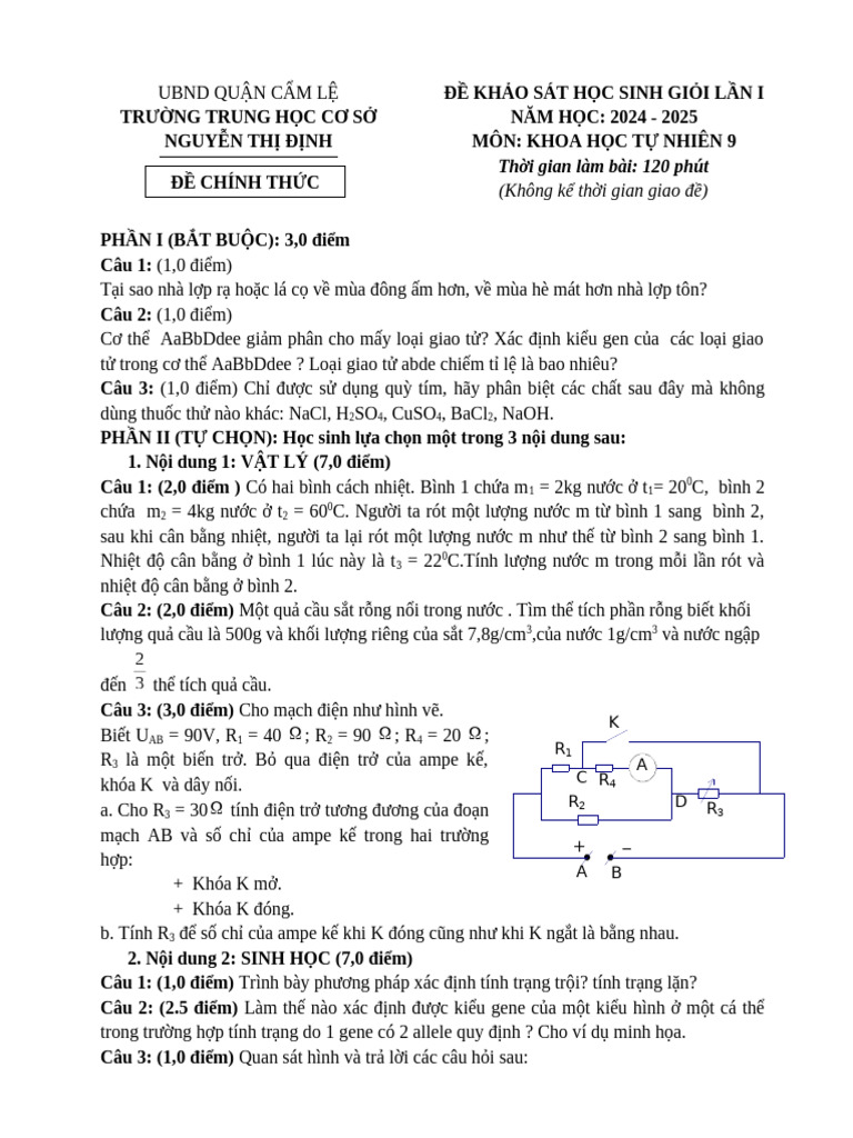 KHẢO SÁT HSG KHTN 9 LẦN 1 24-25 - Duyên Nguyễn Thị Mỹ | PDF