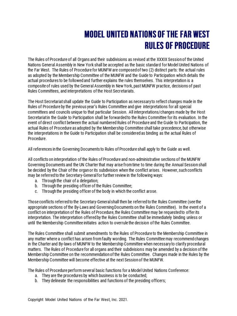 MUNFW Rules of Procedure | PDF | United Nations General Assembly | Committee