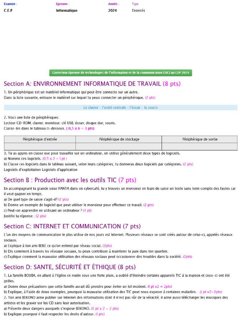 Preuve Cep 2024 Informatique Cameroun | PDF