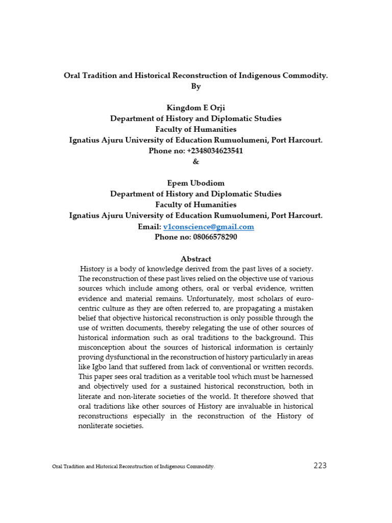 Oral Tradition and Historical Reconstruction of Indigenous Commodity | PDF