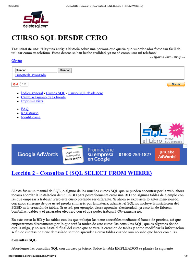 Curso SQL - Lección 2 - Consultas I (SQL SELECT FROM WHERE) | PDF | SQL | Bases de datos