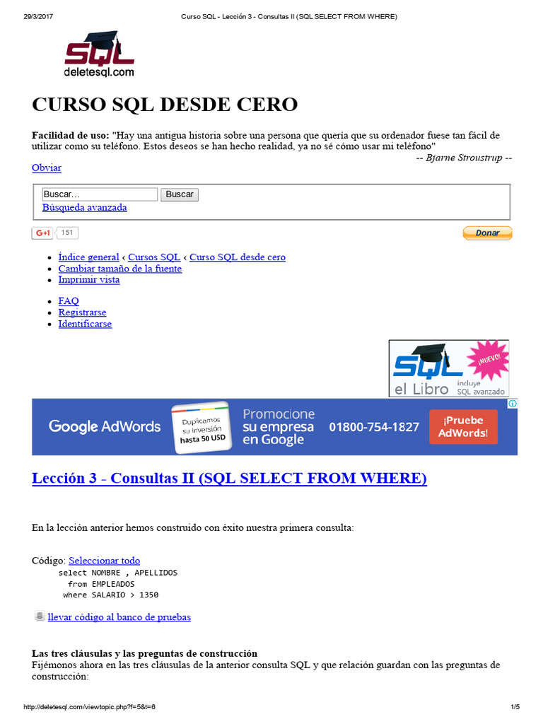 Curso SQL - Lección 3 - Consultas II (SQL Select From Where) | PDF | SQL | Bases de datos