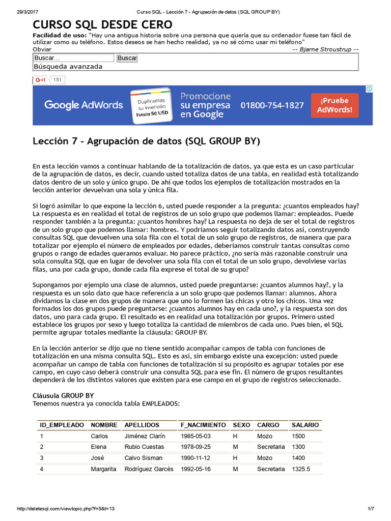Curso SQL - Lección 7 - Agrupación de Datos (SQL GROUP By) | PDF | SQL | Diseño de software
