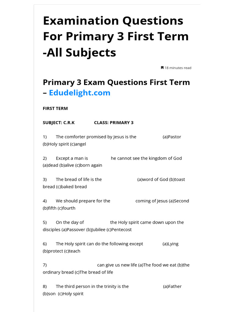 Primary 3 First Term Exam Questions | PDF | Jesus | Family
