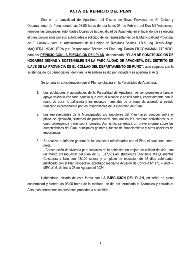 Acta de Reinicio | PDF