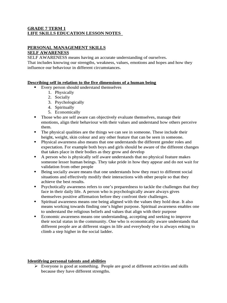 Grade 7 Social Lifeskill Topics | PDF | Self Esteem | Emotions