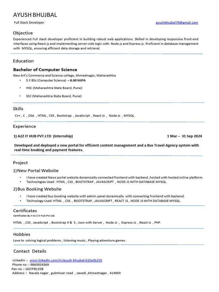 Ayush Bhujbal: Full Stack Developer Profile | PDF