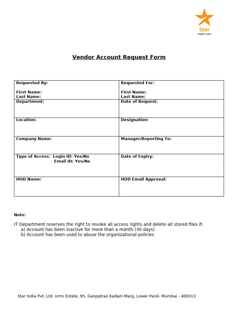 Vendor Account Request Form | PDF