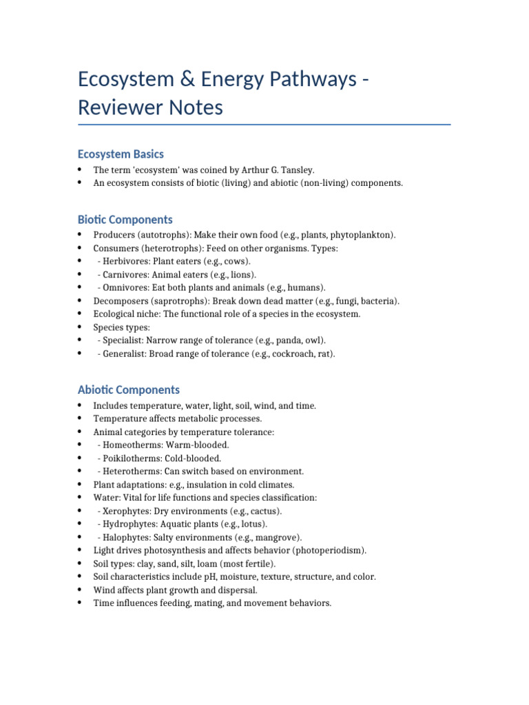 Ecosystem Energy Reviewer Notes | PDF | Ecosystem | Food Web