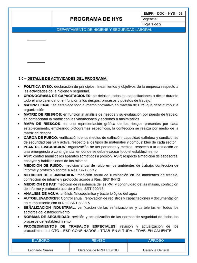 Programa de Hys | PDF | Seguridad y salud ocupacional