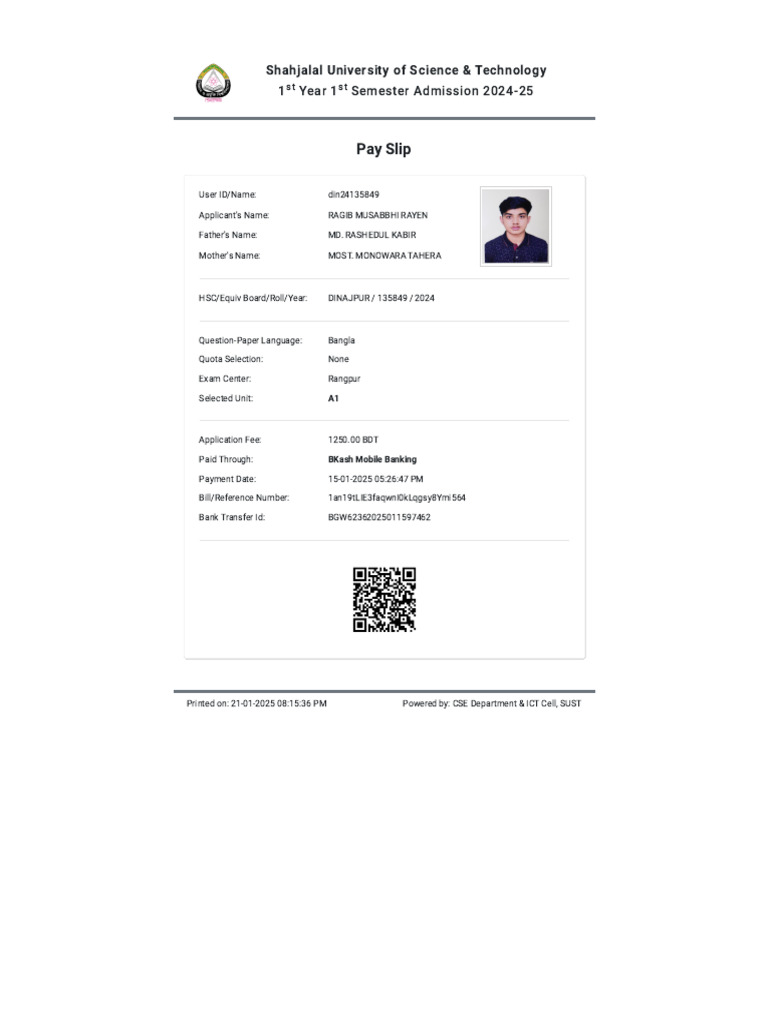 SUST Admission Payslip 2024-25 | PDF