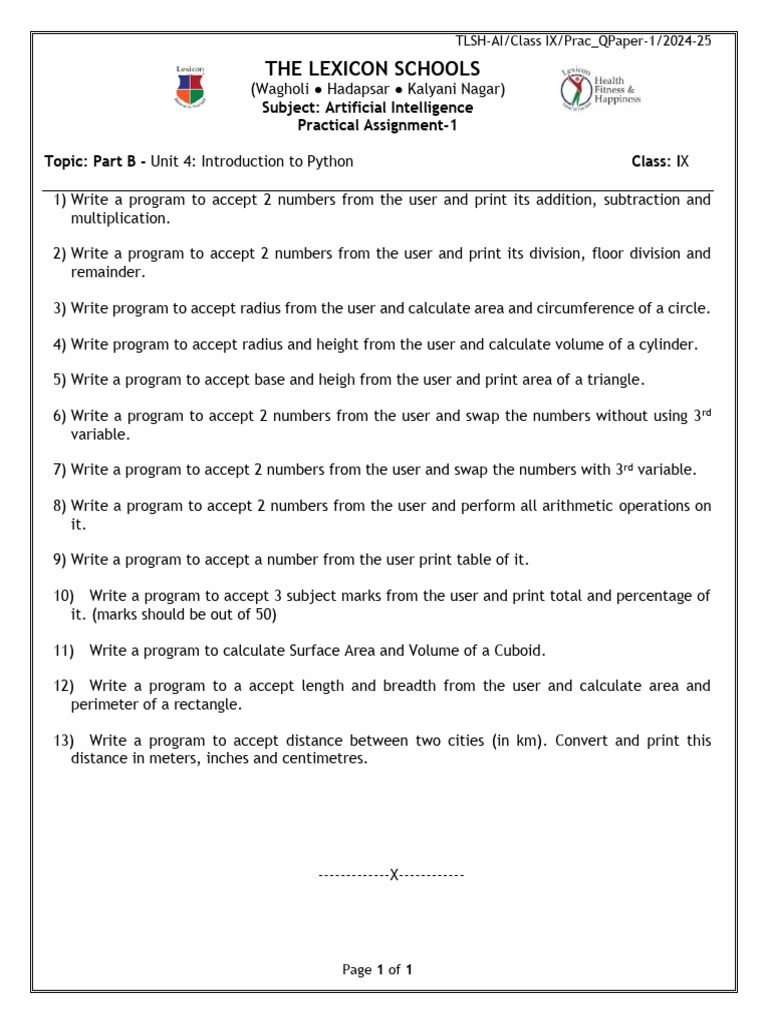 TLSH - Class IX - AI - Practical QPaper-1 - 2024-25 | PDF