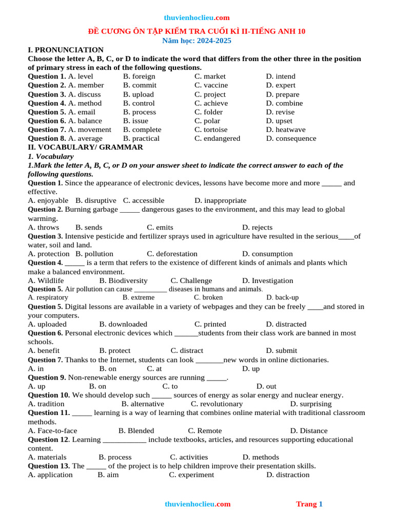 De Cuong On Tap Cuoi HK2 Anh 10 Global 24 25 | PDF | Cost Of Living | Deforestation