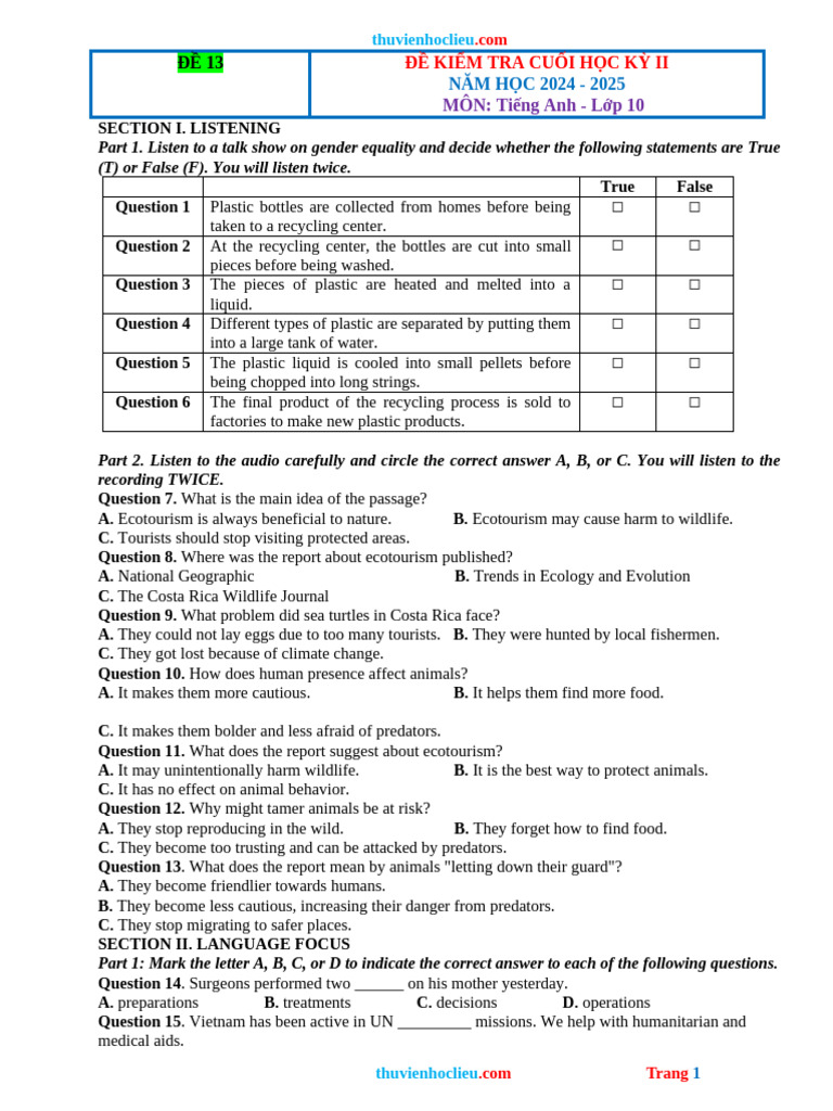 Thuvienhoclieu.com de Kiem Tra Cuoi HK2 Tieng Anh 10 Global de 13 | PDF | Tourism | Climate Change