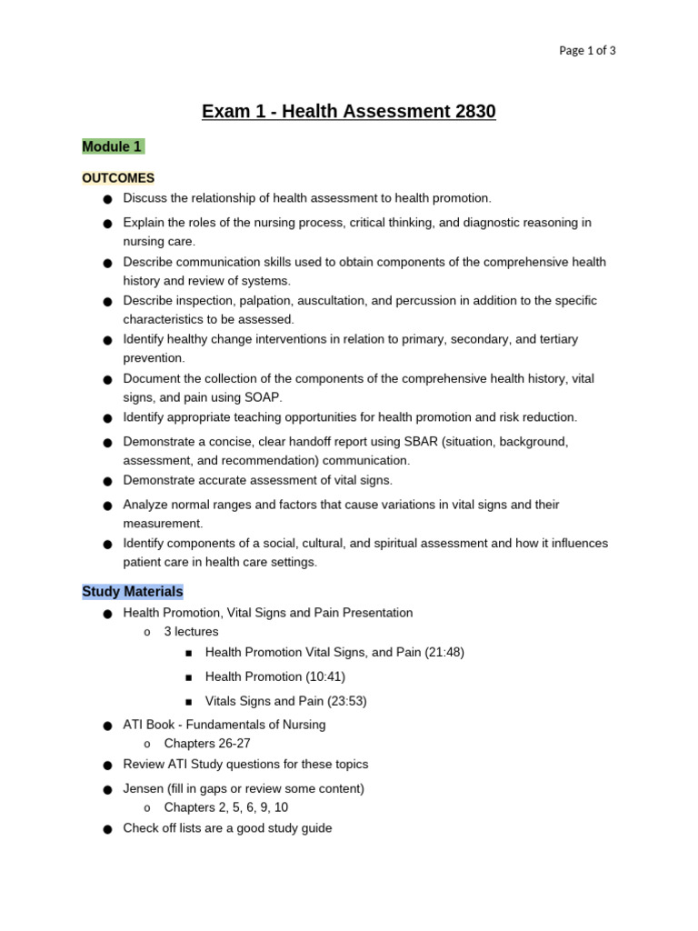 Exam 1 - Health Assessment 2830 | PDF | Health Sciences | Medicine