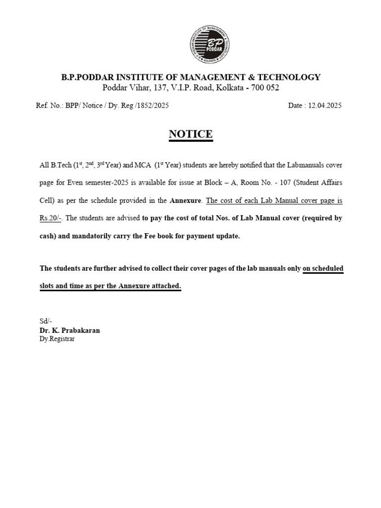 Notice on issuance of Cover Pages of Lab manuals_Even Sem_2024_25 | PDF