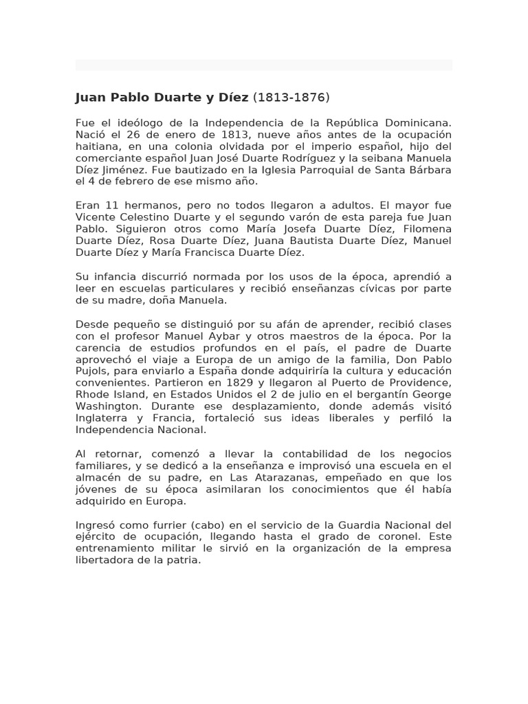 Biografía de Juan Pablo Duarte | PDF | República Dominicana