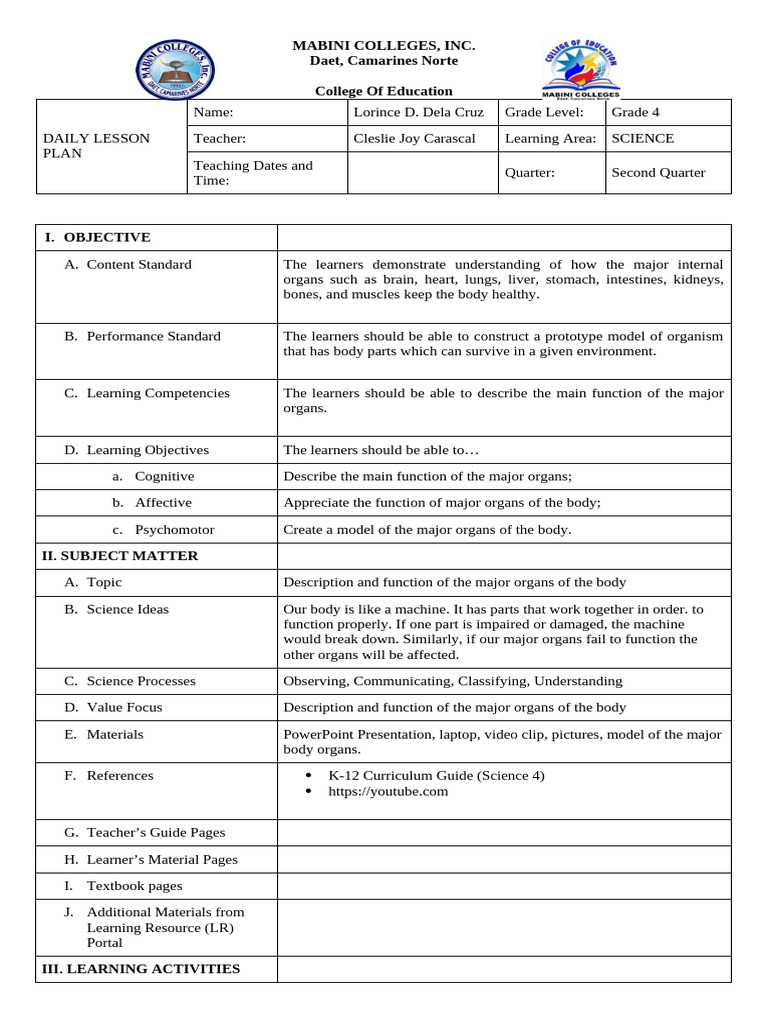 Grade 4 Science Lesson Plan: Major Organs | PDF | Human Body | Blood