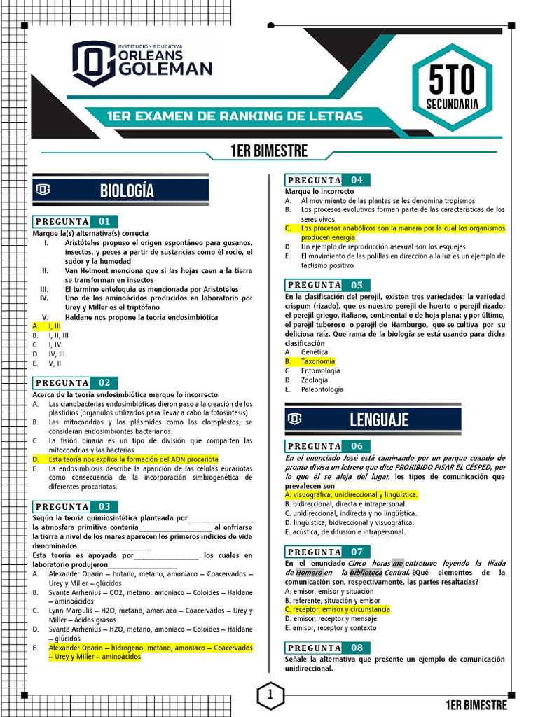 5to Secundaria - 1er Examen Letras - 1bimestre - Claves | PDF | Homo ...