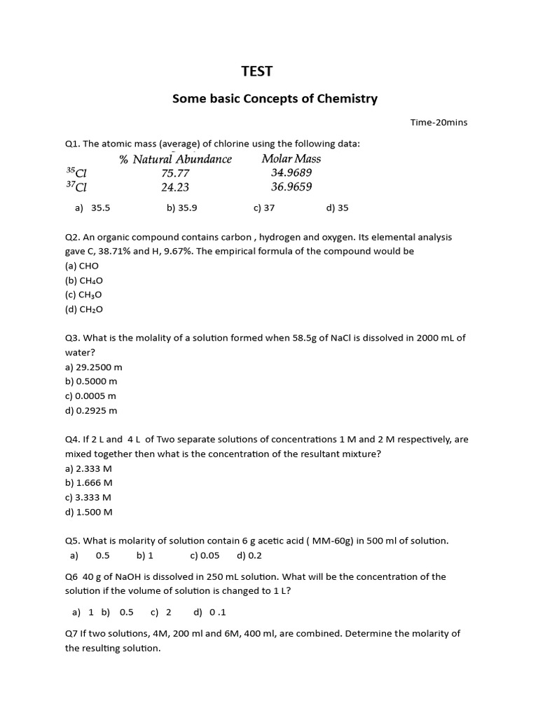 Chemistry Concepts Test Questions | PDF