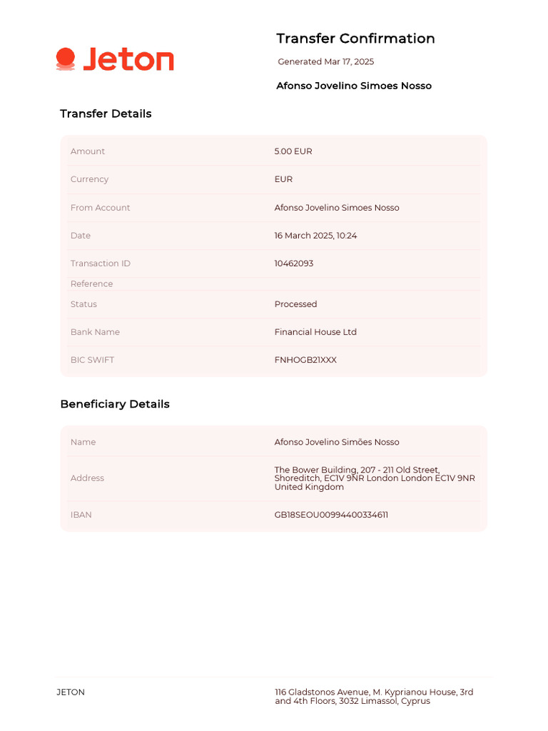Jeton Bank Transfer Confirmation | PDF