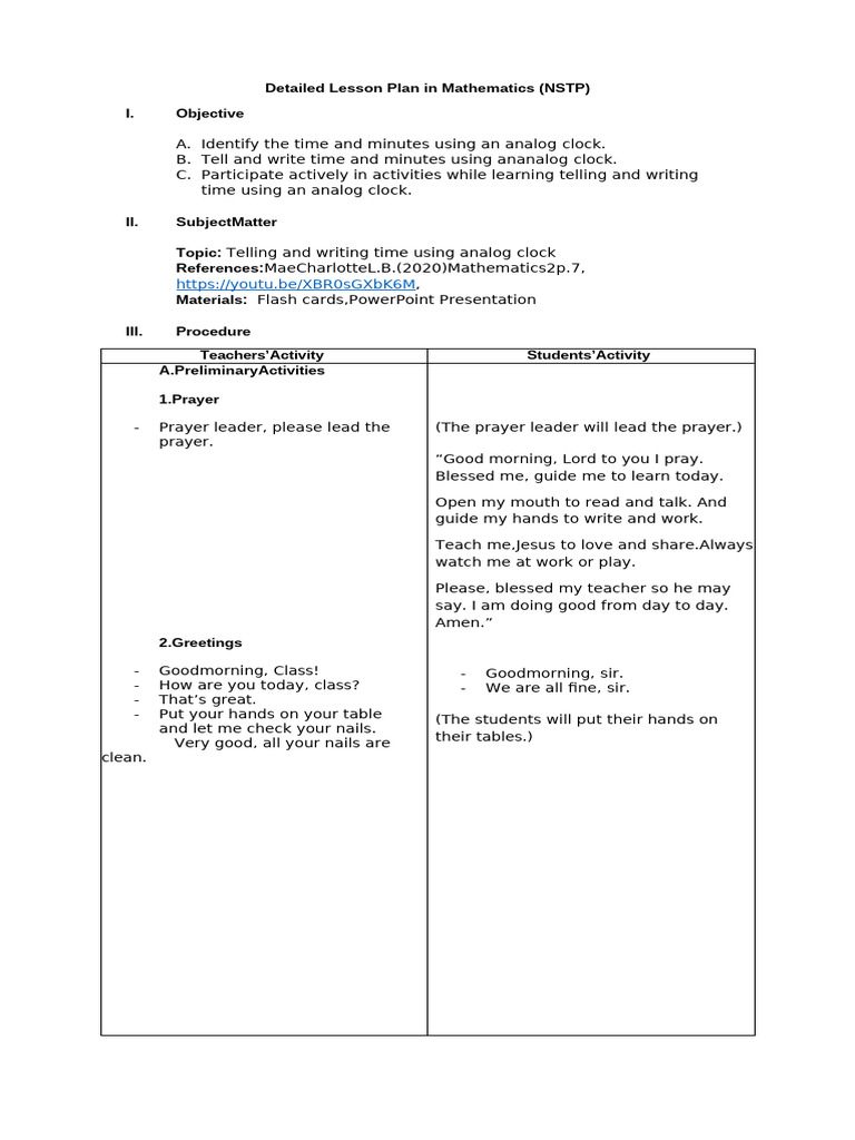 DETAILED LESSON PLAN Telling The Time Using Analog Clock | PDF | Lesson ...