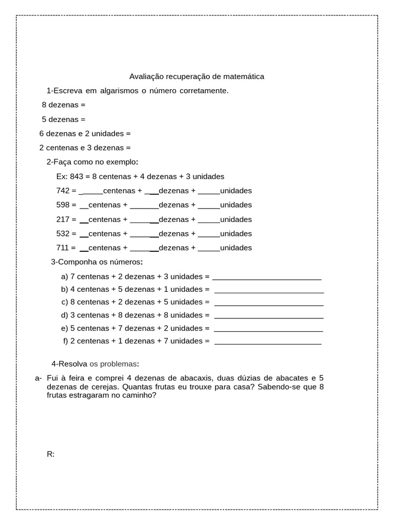 Avaliação Recuperação de Matemática 1b 4 Ano B | PDF