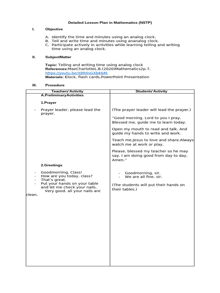 Telling The Time Detailed Lesson Plan | PDF | Clock | Prayer