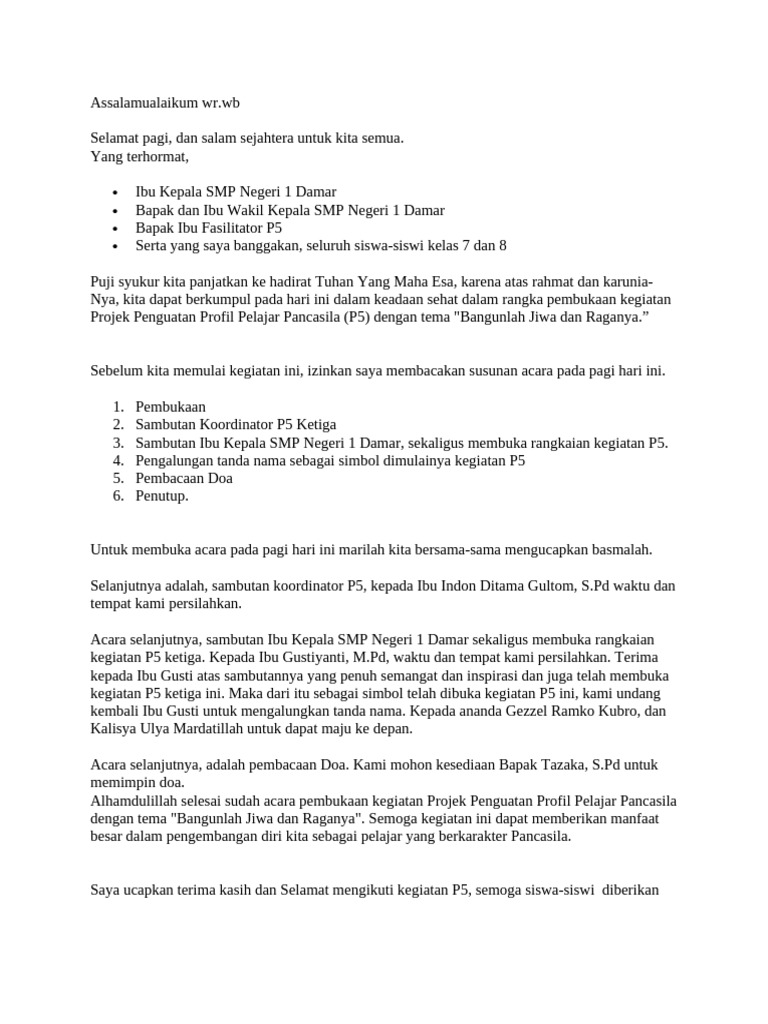 Teks MC Pembukaan P5 | PDF