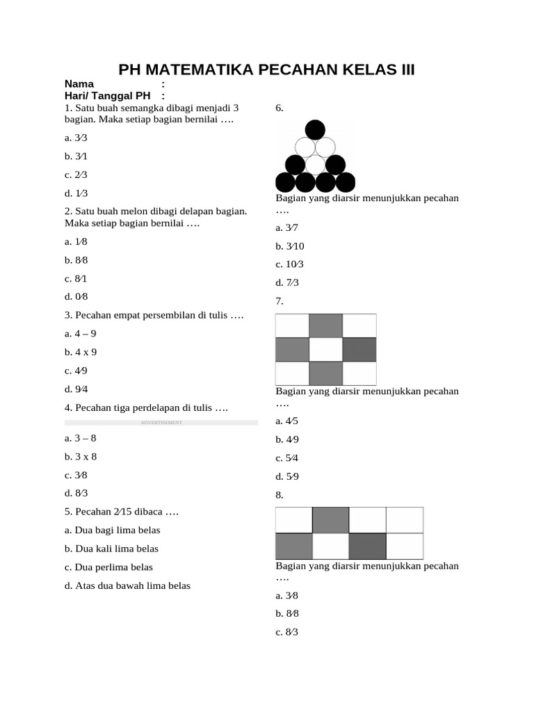 Soal PH Pecahan Kelas 3 | PDF