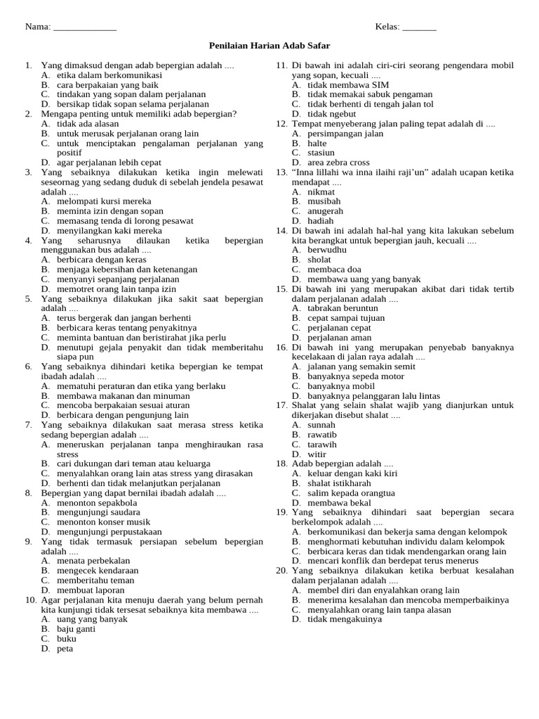 ulangan adab bab adab safar kelas 6 semester 2 | PDF