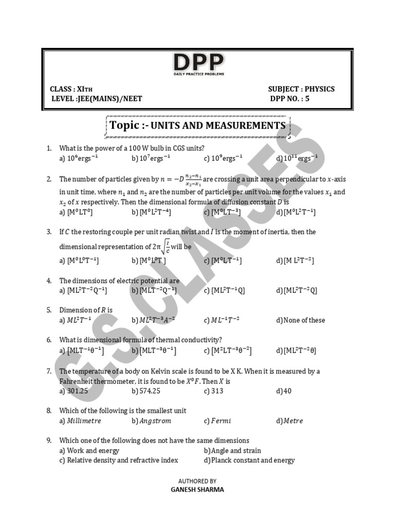 Physics DPP for JEE/NEET: Units & Measurements | PDF | Temperature | Physical Sciences
