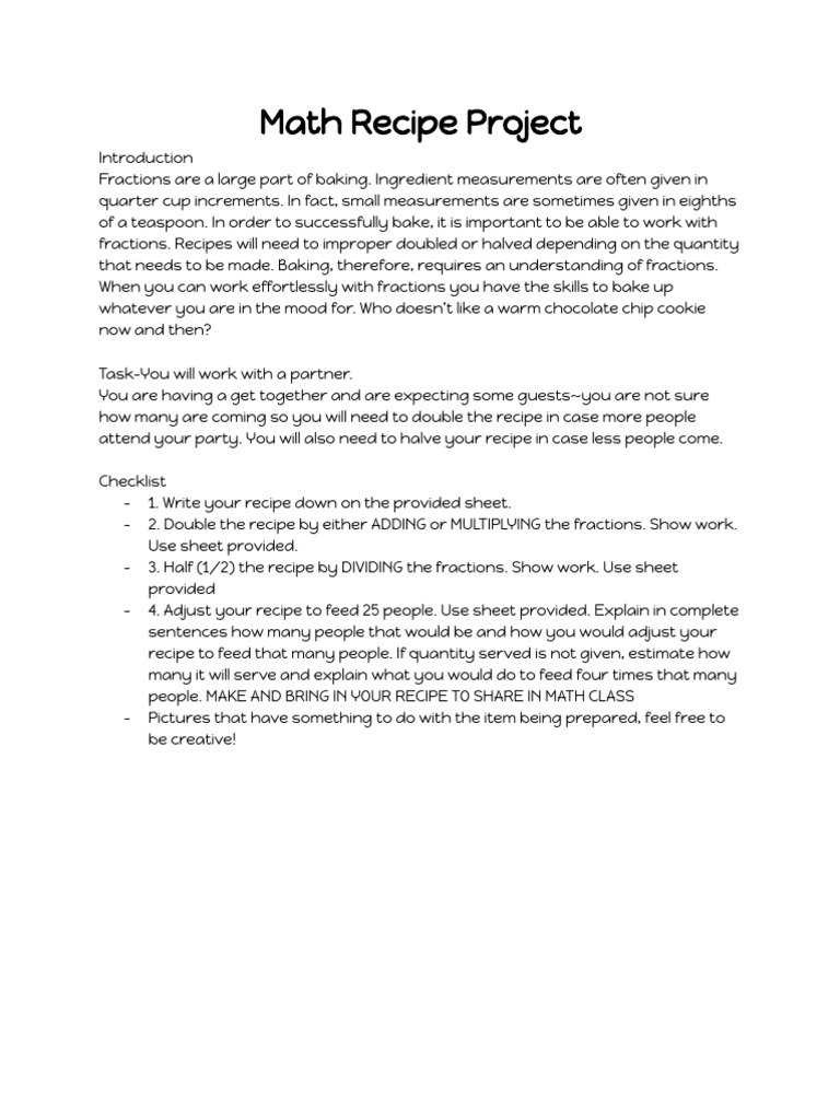 Math Recipe Project - Grade 8 | PDF